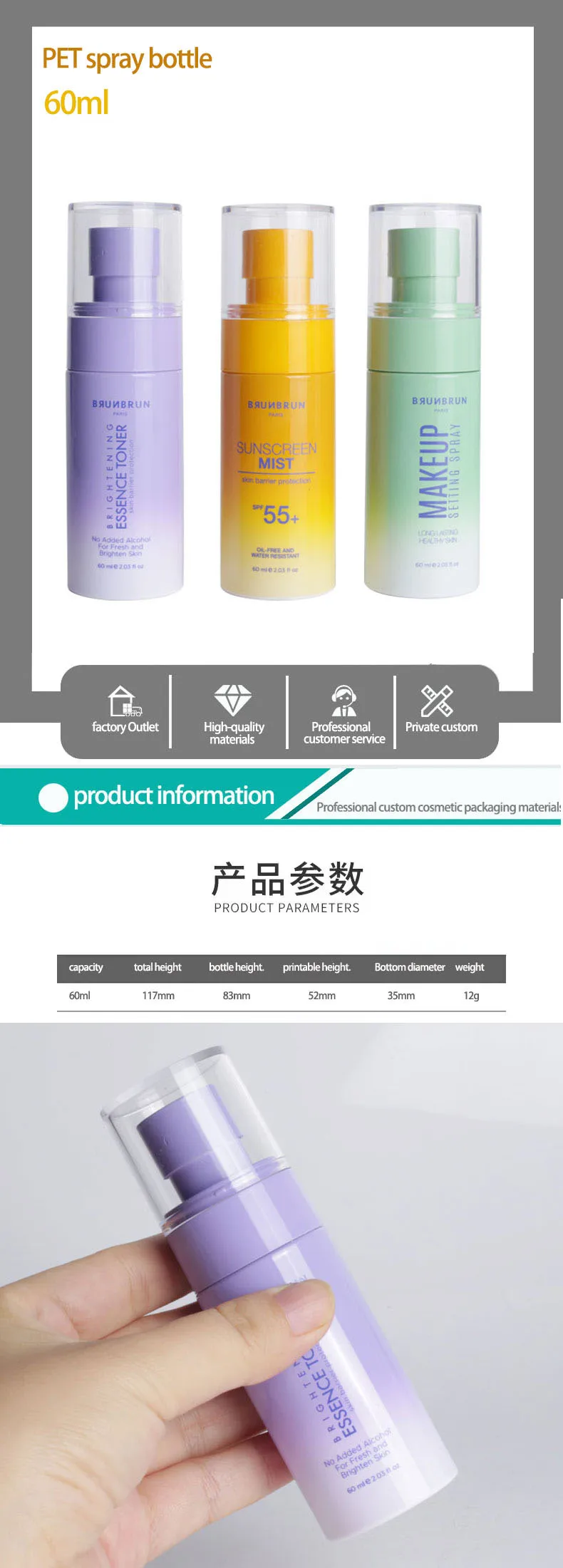 Cosmetic Packaging - 60ml Spray Bottle for Travel Cosmetics