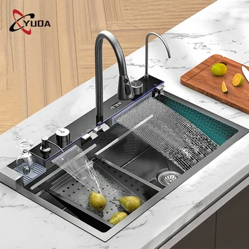 Smart Multifunction Modern Style Kitchen Sink Nano Black Waterfall ...