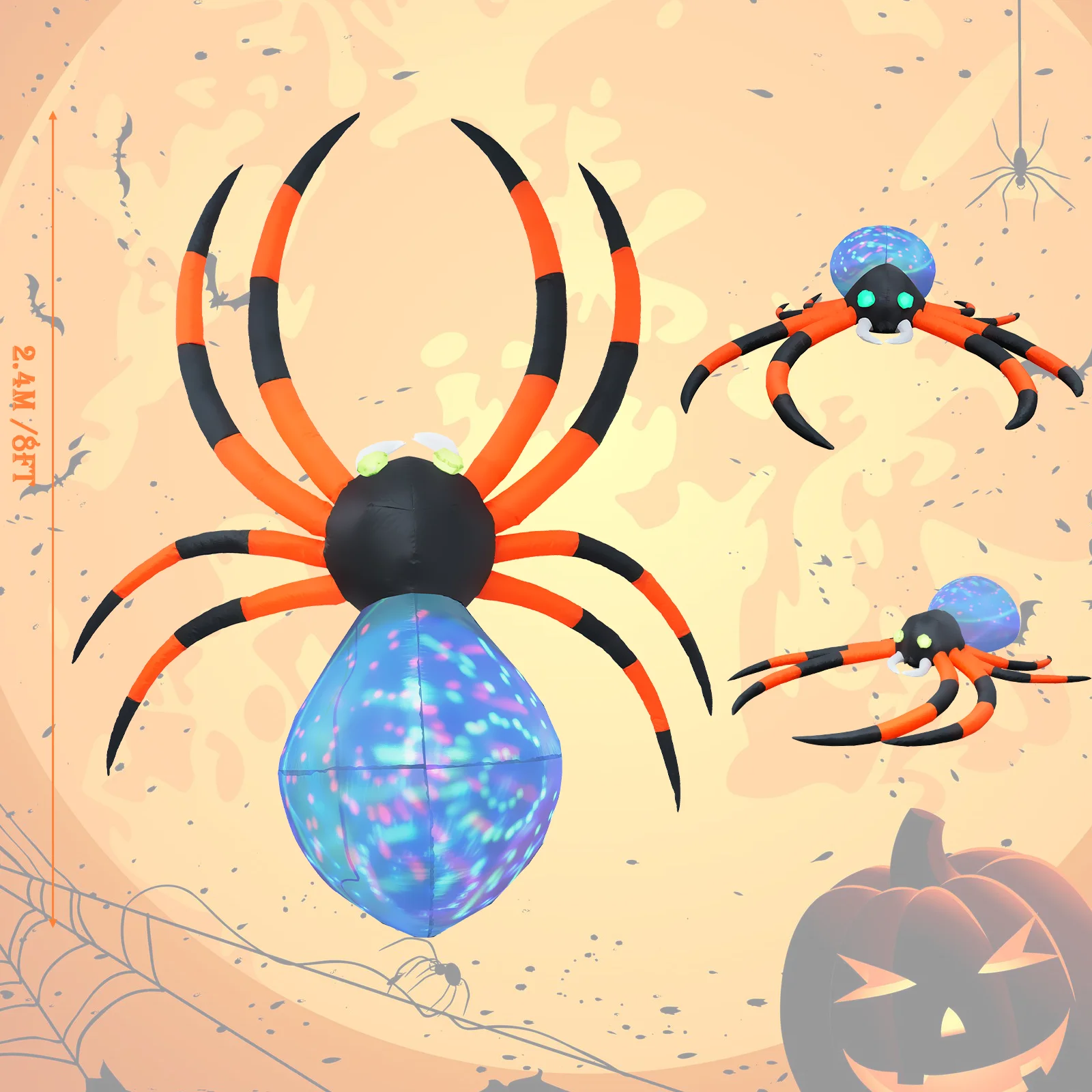 8 Ft Halloween Inflatable Spider With 7 Color Changing Led Lights,With ...
