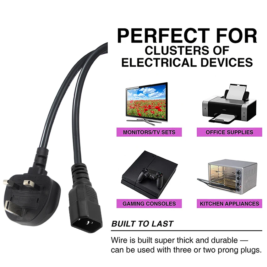 13A 250V UK 3 Pin Male Plug to IEC C14 Female Plug Adapter