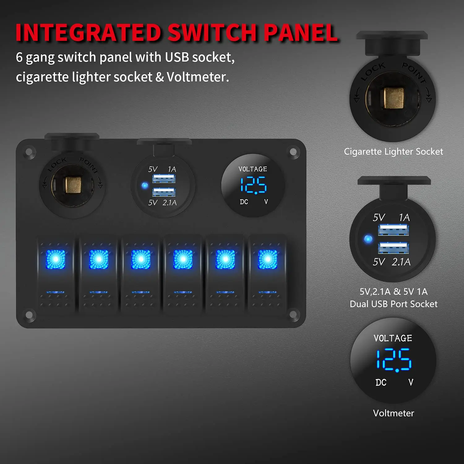 3 Gang Rocker Switch Aluminum Panel with Voltmeter and Dual USB(4.8 Amp ...