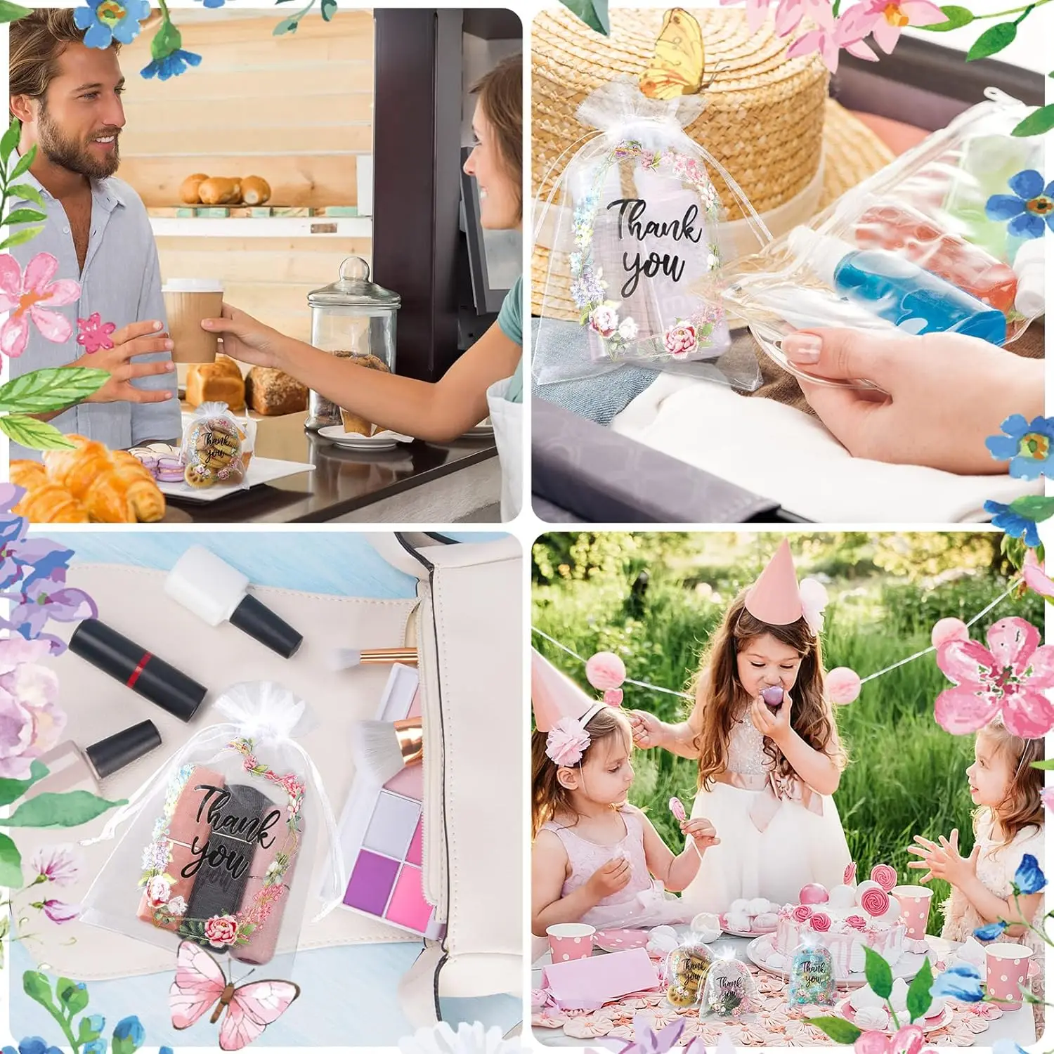50Pcs 4x6inch Thank You Gift Bags Wedding Sheer Organza Bags Floral ...