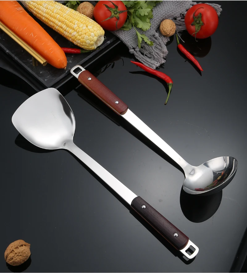Stainless Steel Spatula Spoon Set Classic Hot Mahogany Handle Kitchen ...