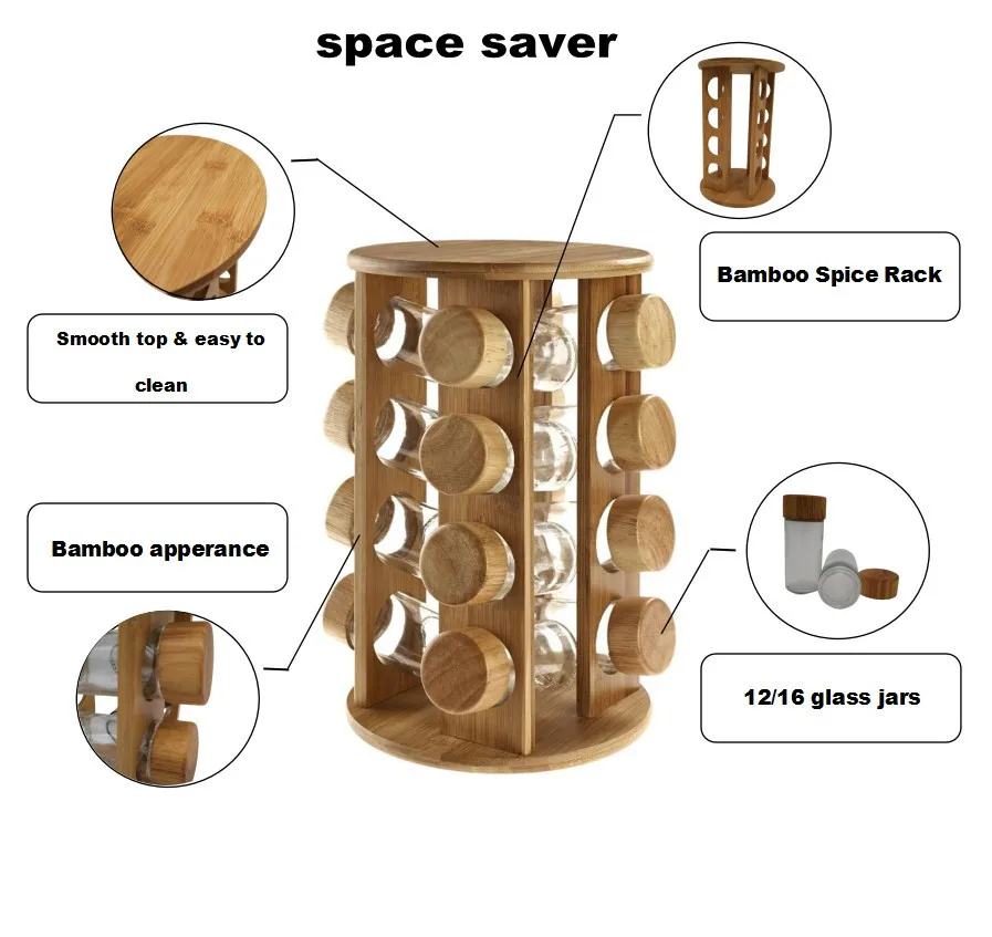 Wooden Rotating Revolving Bamboo Rotatable Spice Rack Glass Jars - Buy ...