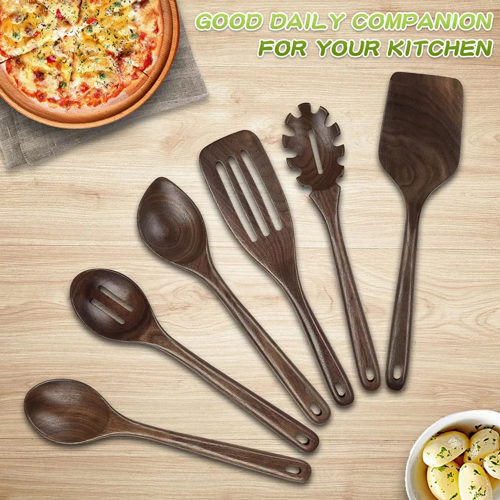 6 Pces 12 Inch Kitchen Cooking Long Handle Natural Black Walnut Wooden ...