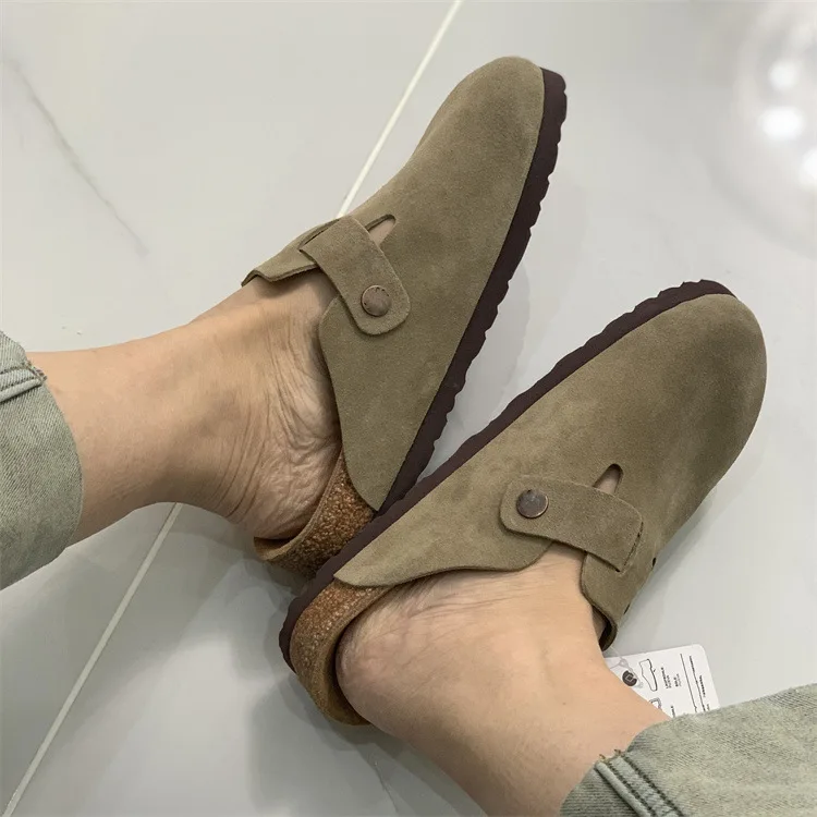 Real Leather Suede Women's Hana Cork Foot Bed Solid Clog With +comfort ...