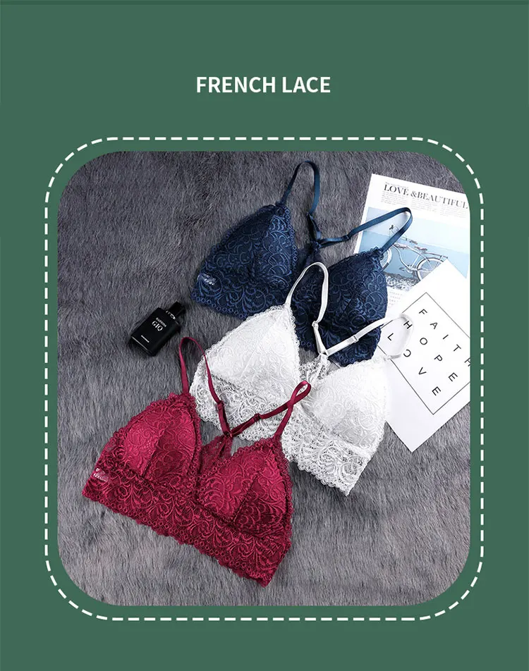 French Style Bralette Deep V Triangle Cup Lace Bra Wireless Thin ...