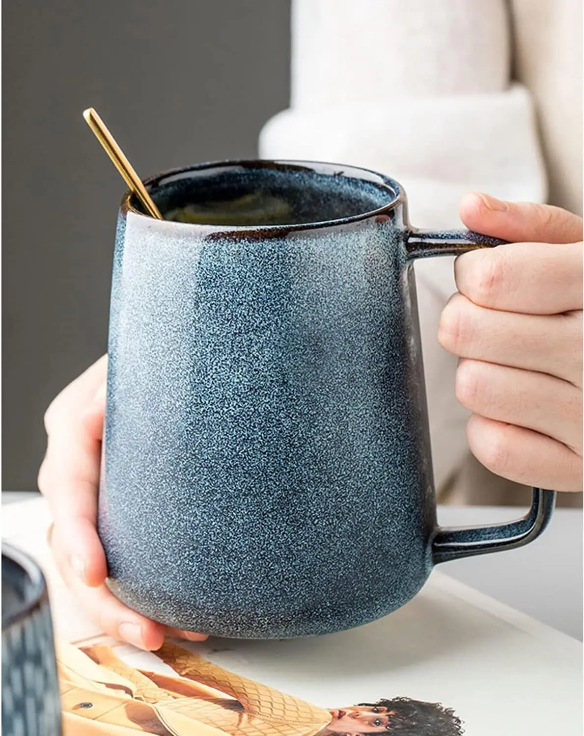 Large Ceramics 24 Oz Coffee Mugs With Spoon And Wooden Lid For Coffee ...