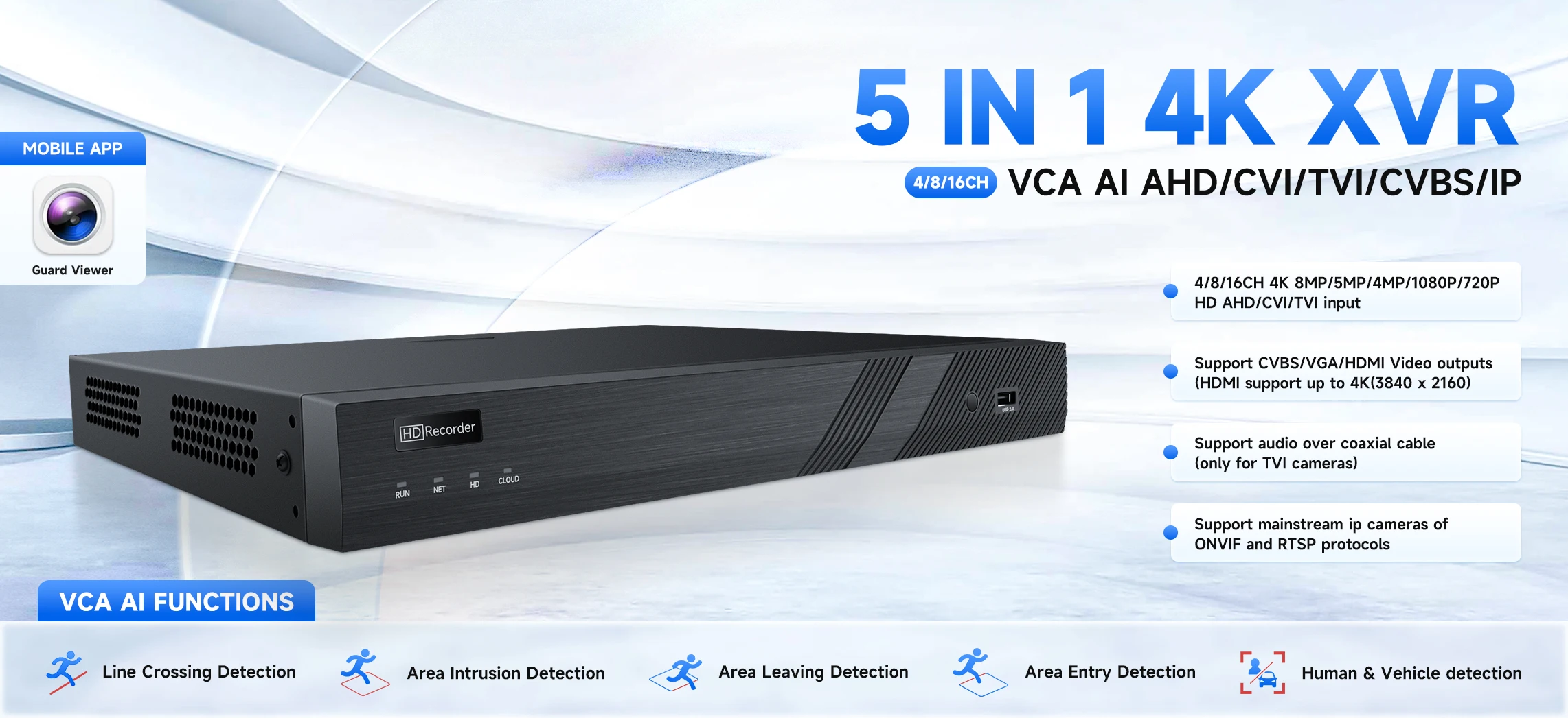 4CH 4K Hybrid DVR with Smart VCA AI Features - Guard Viewer APP