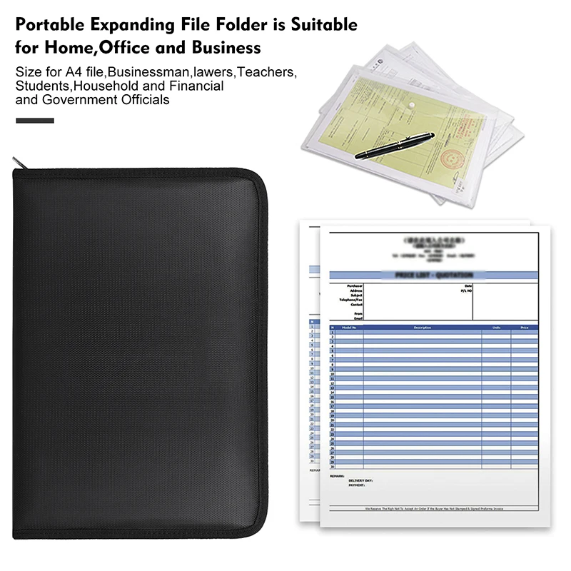 Black Expandable A4 Size File Folder - Waterproof & Fireproof
