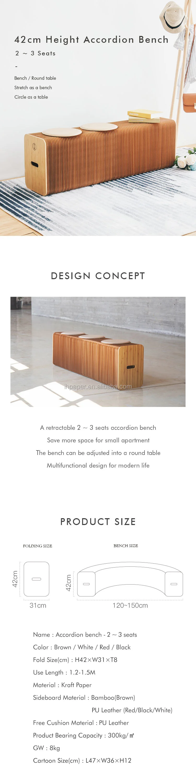 Ihpaper Honeycomb Paper Furniture - Foldable 3 Seats Bench