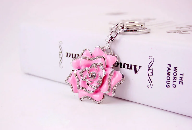 Cute Red Roses Flower Keychain Bling Crystal Rhinestones Key Chains Bag ...