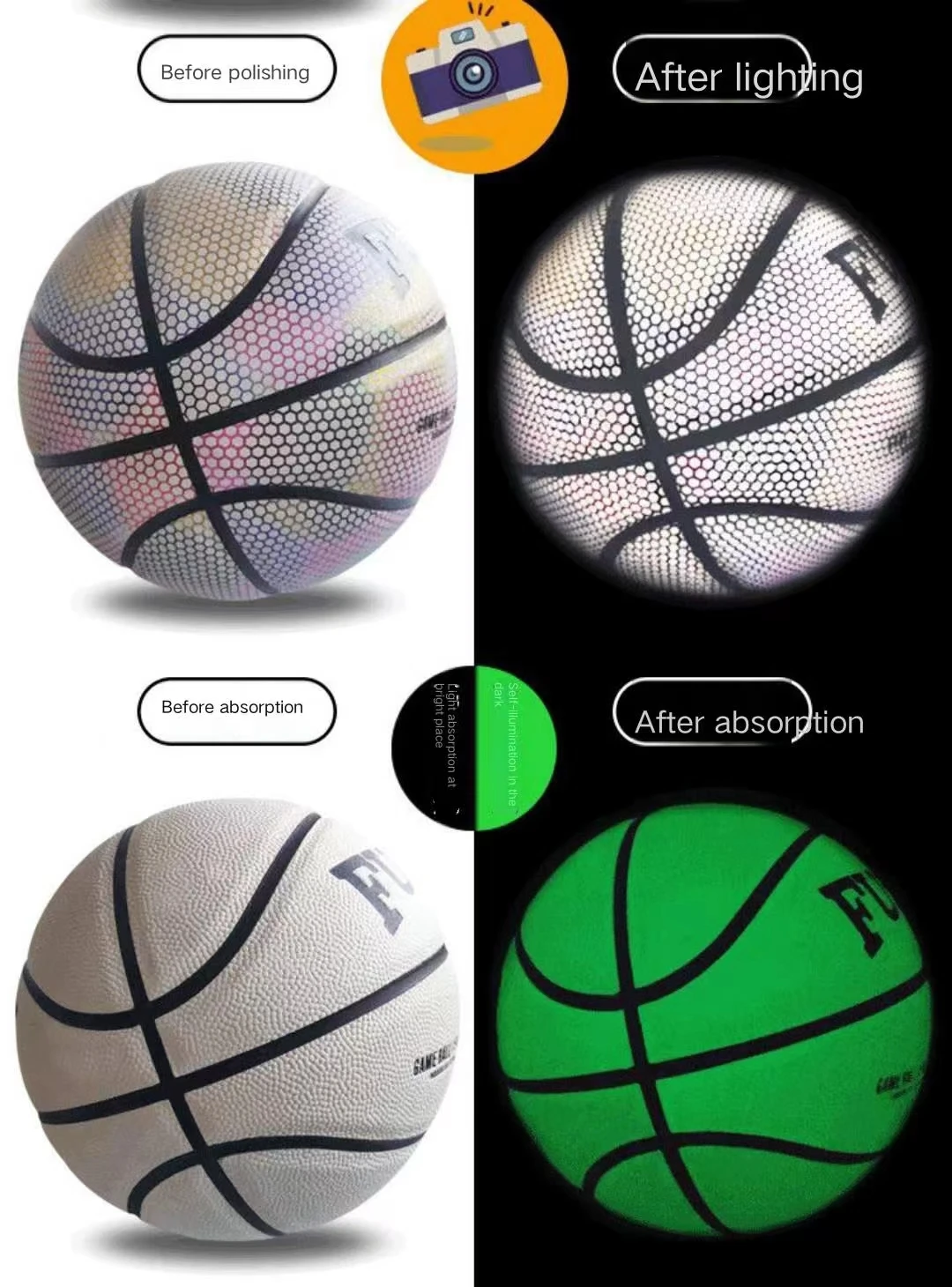 Reflective Basketball Fluorescent Luminous Luminous Ball For Game ...