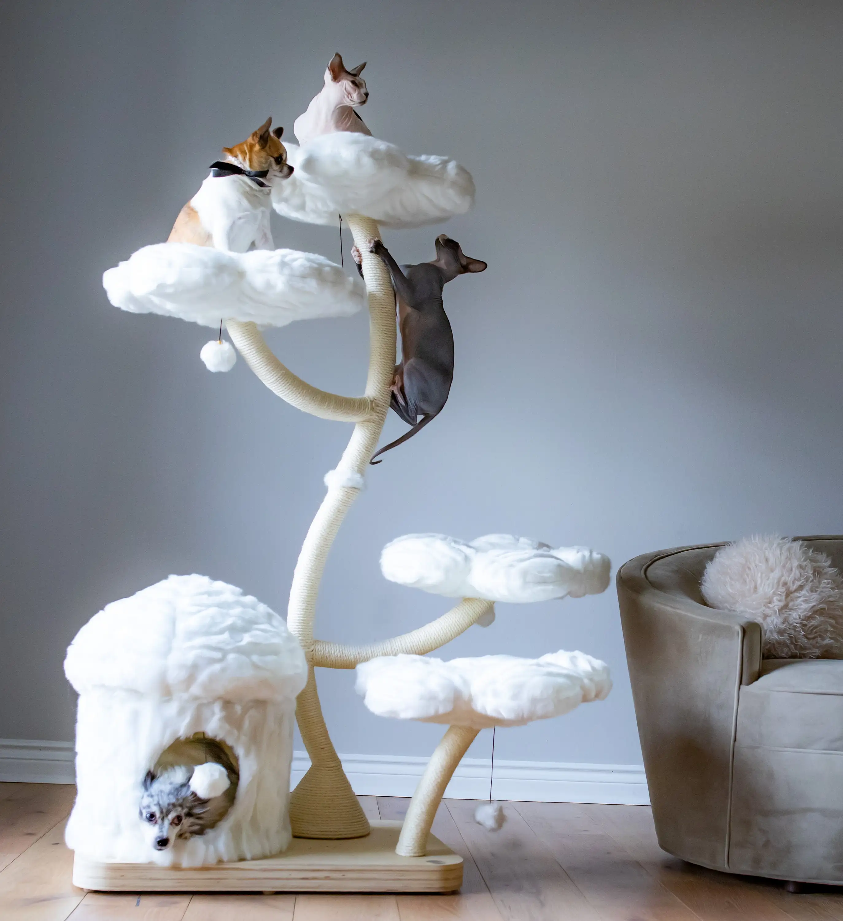 Wood Cat Scratcher Tree - 4-Level Interactive Scratching Post Furniture ...