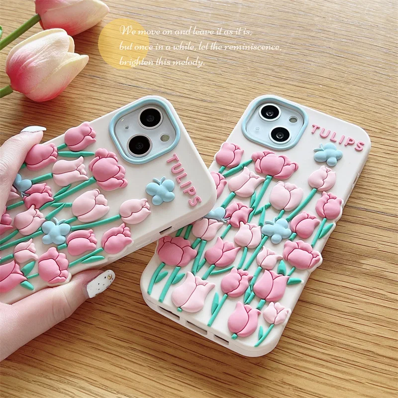 Korea Cute 3D Tulip Flower Butterfly Phone Case for iPhone 15 14 13 12 ...