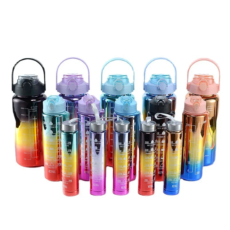 Giant 3 Pieces Water Bottle Set 2000ml Electroplate Gradient Gym Time ...