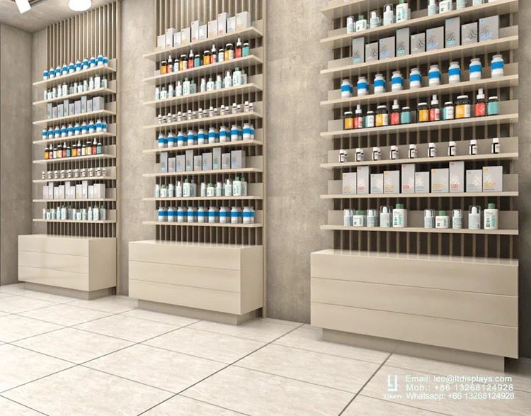 Pharmacy Drawer Counter Design Wall Mounted Medical Store Plywood ...
