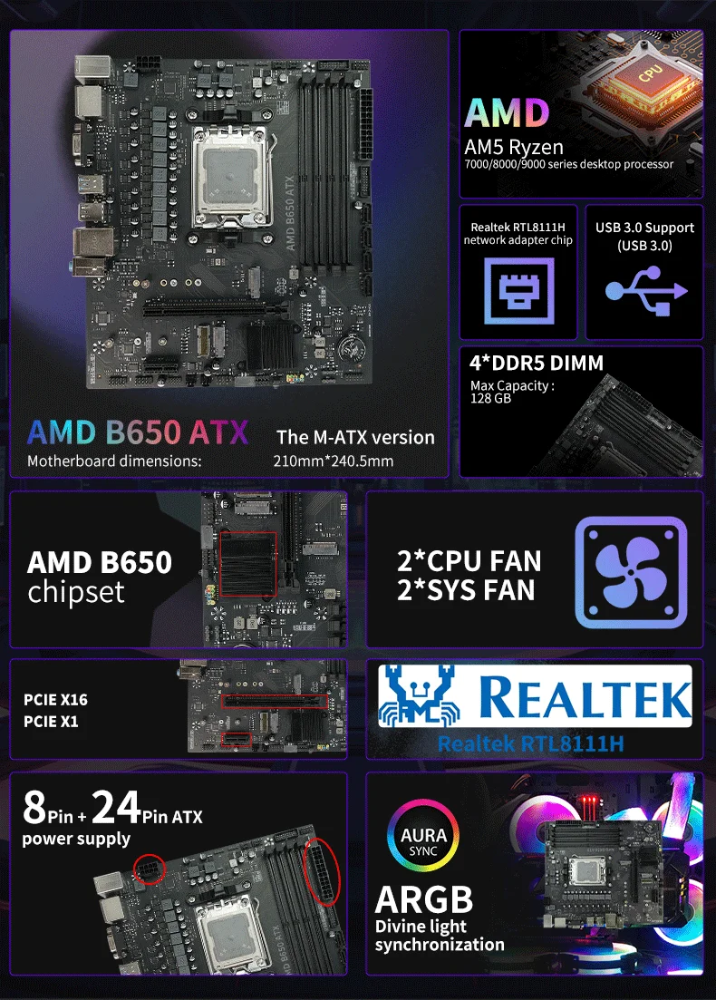 Desktop Mother Board B650 Mainboard DDR5 128GB M.2 AM5 M ATX USB 3.0 ...