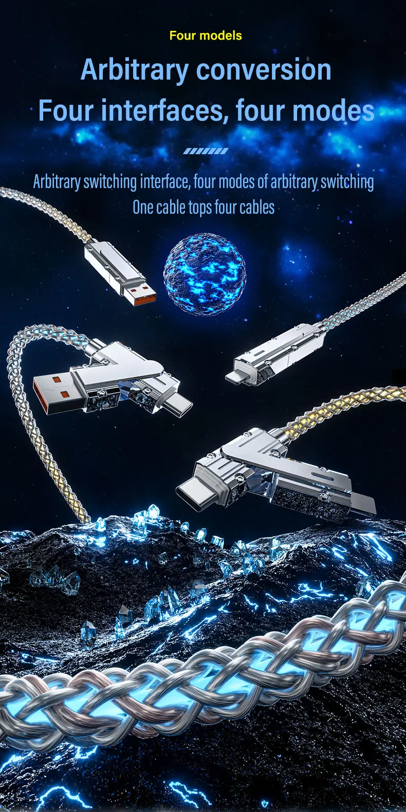 RGB 4in1 Data Cable Light-emitting Breathing Gradient Super Fast Charge ...