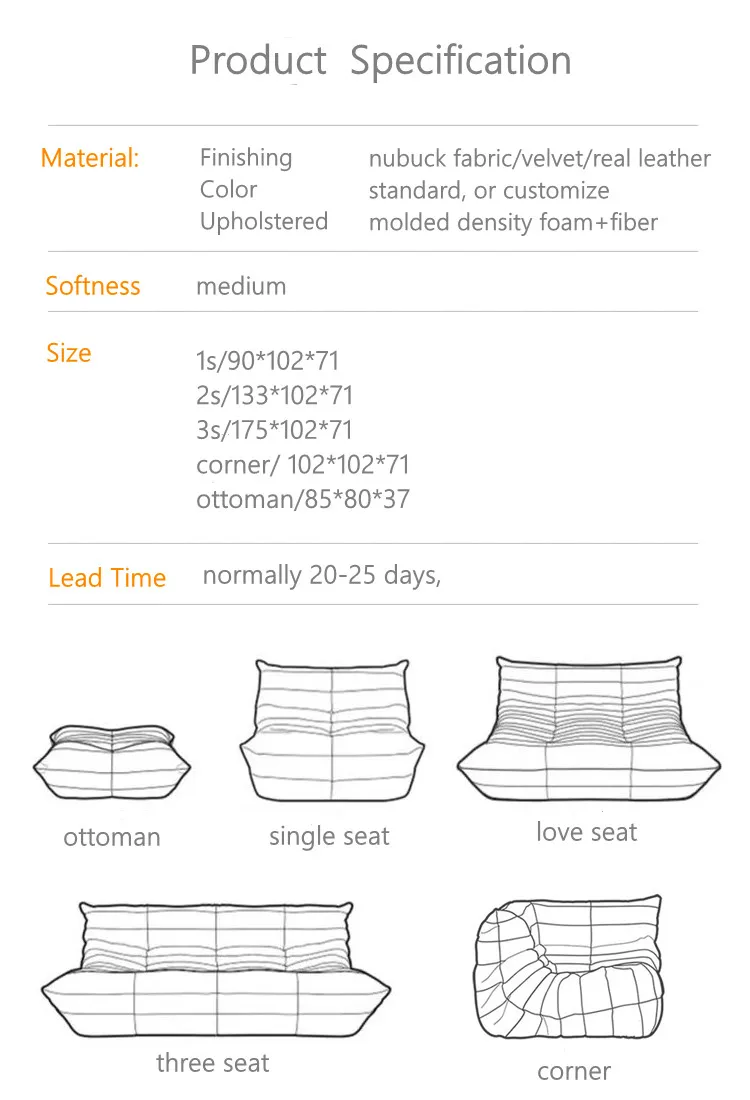 Italian Togo Sofa Set Design Suede Fabric Customize Real Leather ...