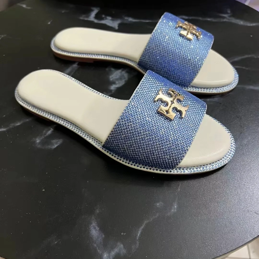 Luxury Brand Ladies leather Shiny TB Sandals Summer Flat Beach Slide ...