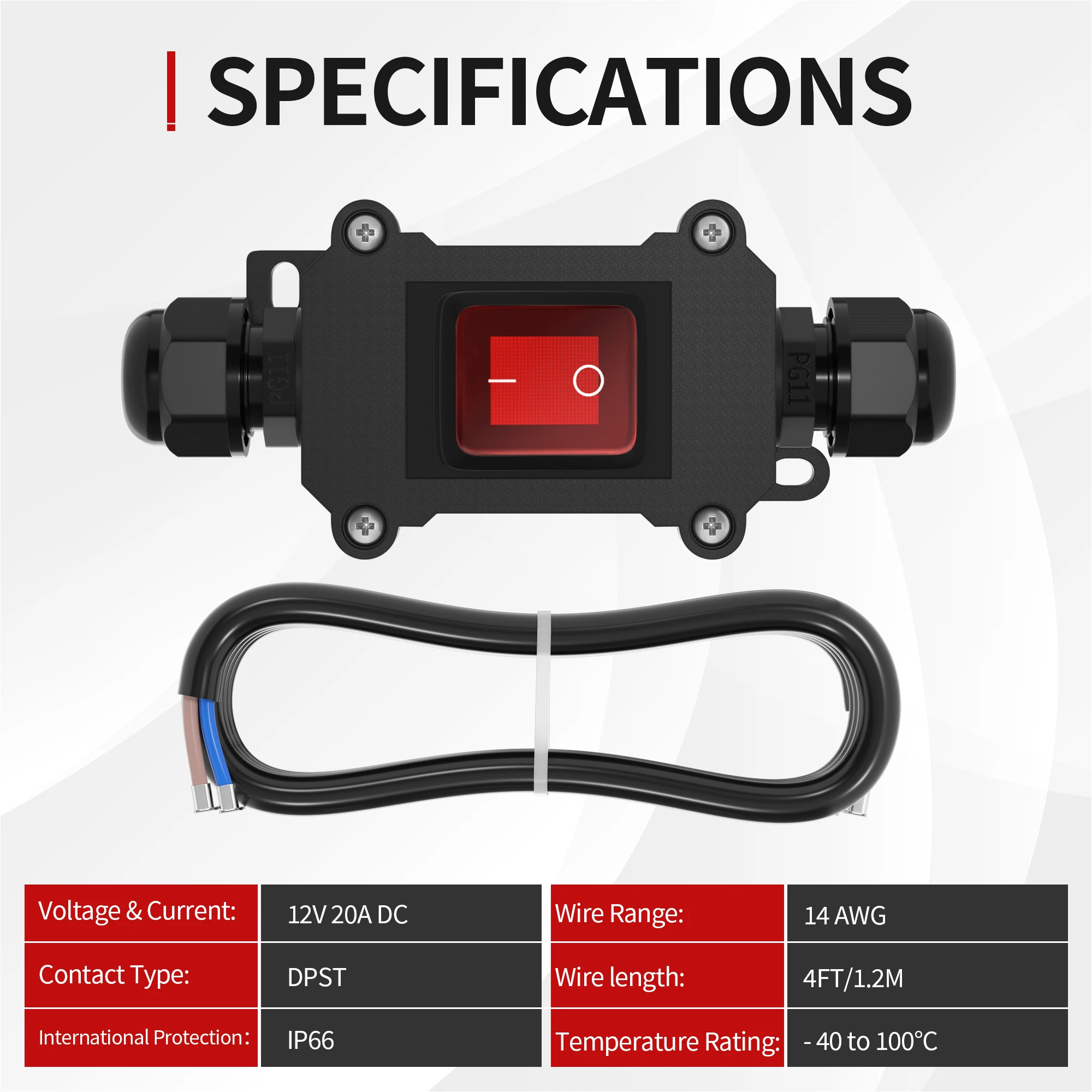 Ip67 Waterproof Inline Cord Switch 16a/250v 20a/125v Ac Red Led Rocker ...