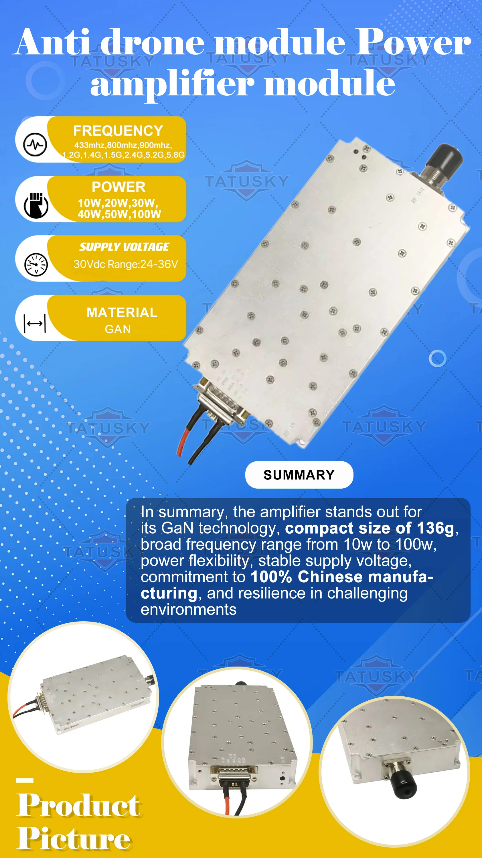 5.2g 100w Gan Amplifier Drone Counter Module For Anti Drone System Anti ...