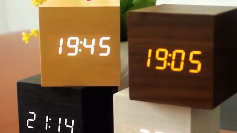 Wood Digital Alarm Clock Led Time Display Cube Clocks With Usb For ...