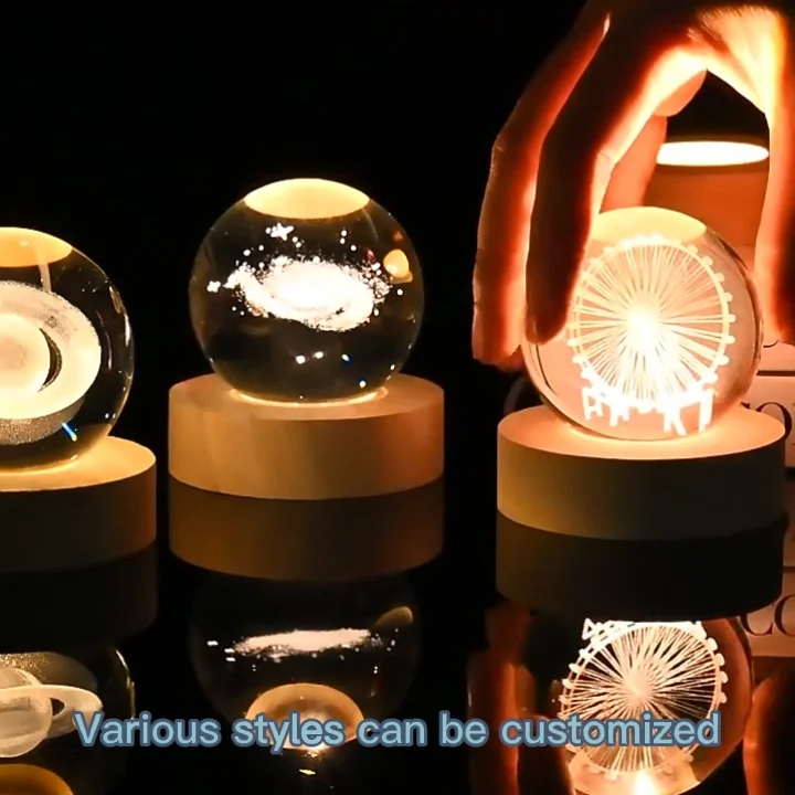 Crystal Glass Ball Night Lights With Wooden Base Personalize Logo 3d ...