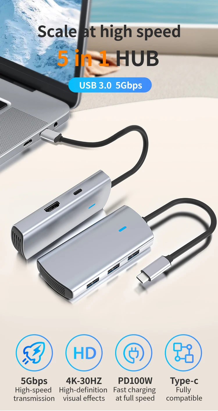 Factory 5 In 1 Usb C Usb-c Usb2.0 Usb3.0 5gbpspd100w Type Rj45 2.5g 4k ...