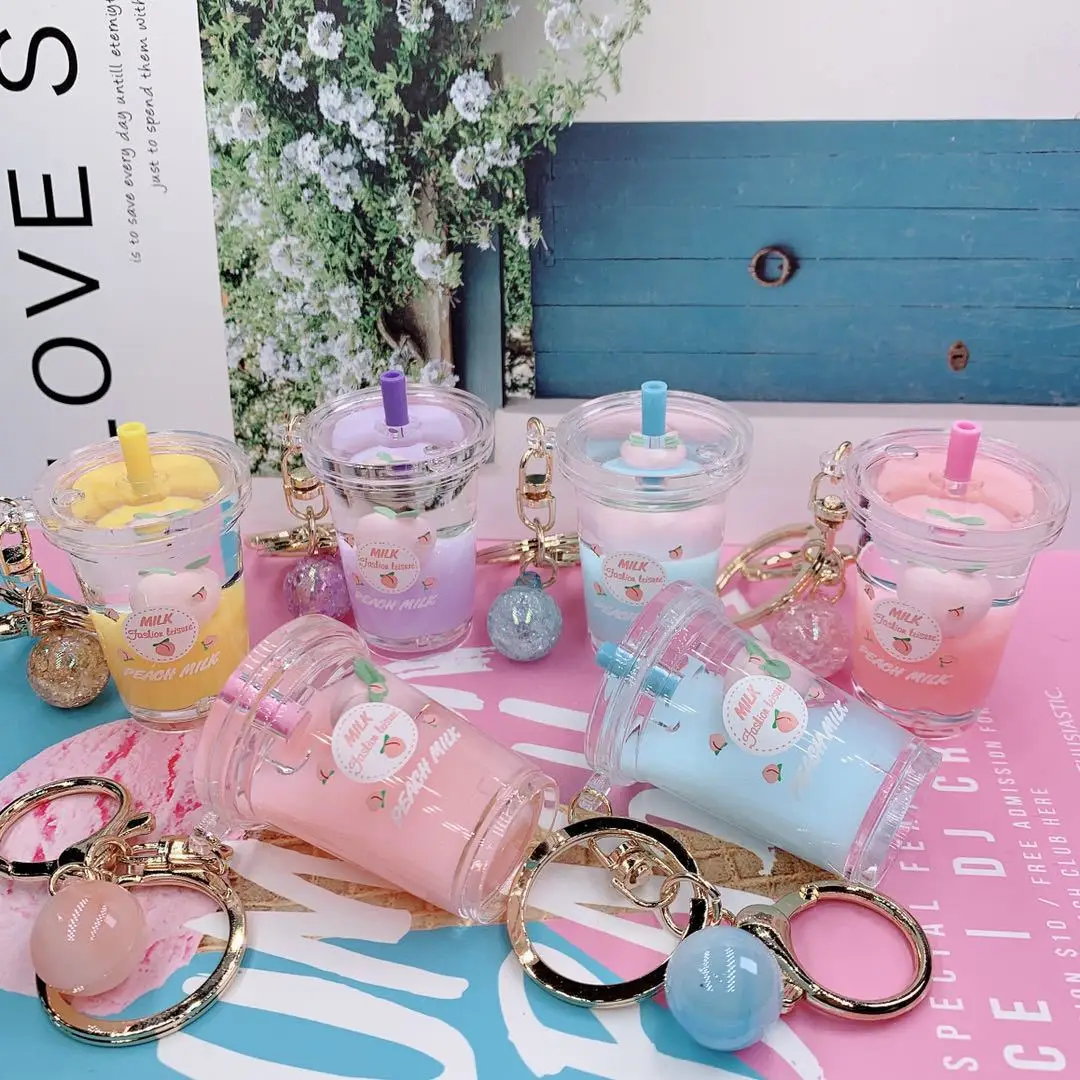 Cute Cartoon Red Peach Boba Milk Tea Cup Liquid Keychain Small Order ...