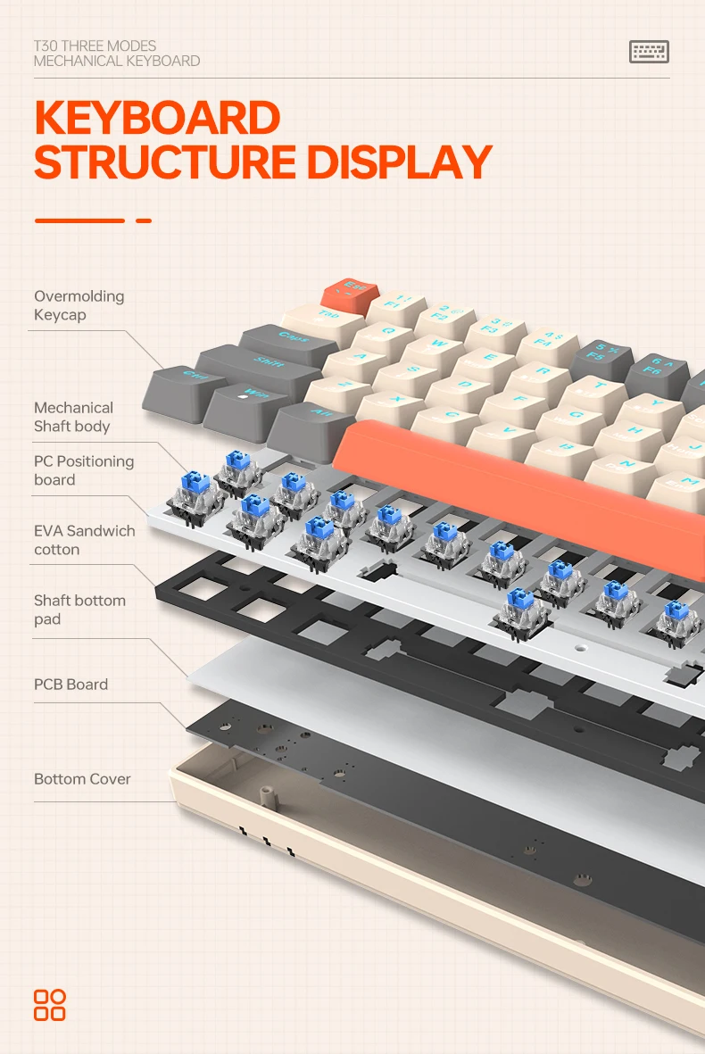 T-WOLF T30 TKL Mechanical Keyboard - Gaming Wireless 63 Keys