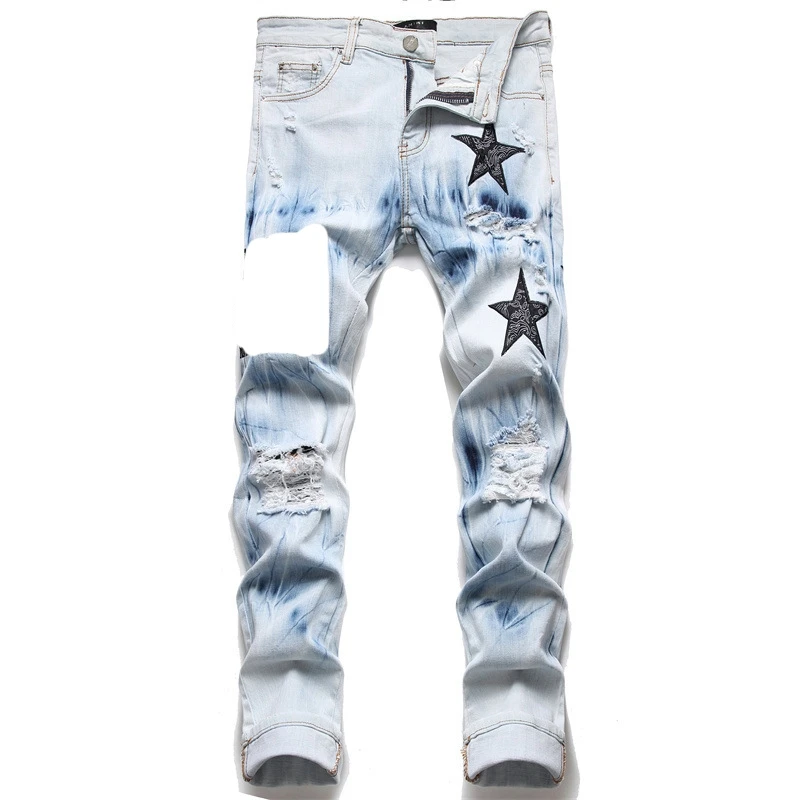 Fashion Street Wear Printed Jeans Men's Designer Ripped Patch Clothing ...
