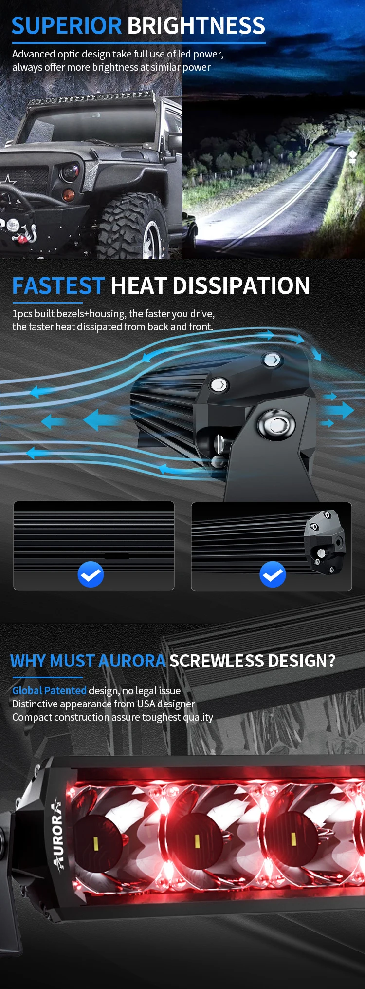 Aurora Patent Screwless Truck LED Bar Light - Dual Row RGB