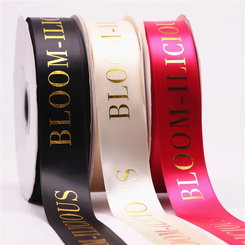 1 Inch Custom Gift Packaging Ribbon Gold Foil Logo Printed Black ...