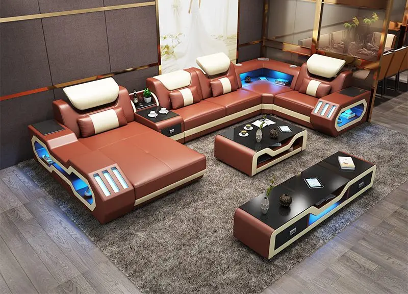 Modern Living Room Sofa Set - Genuine Leather & USB Speaker