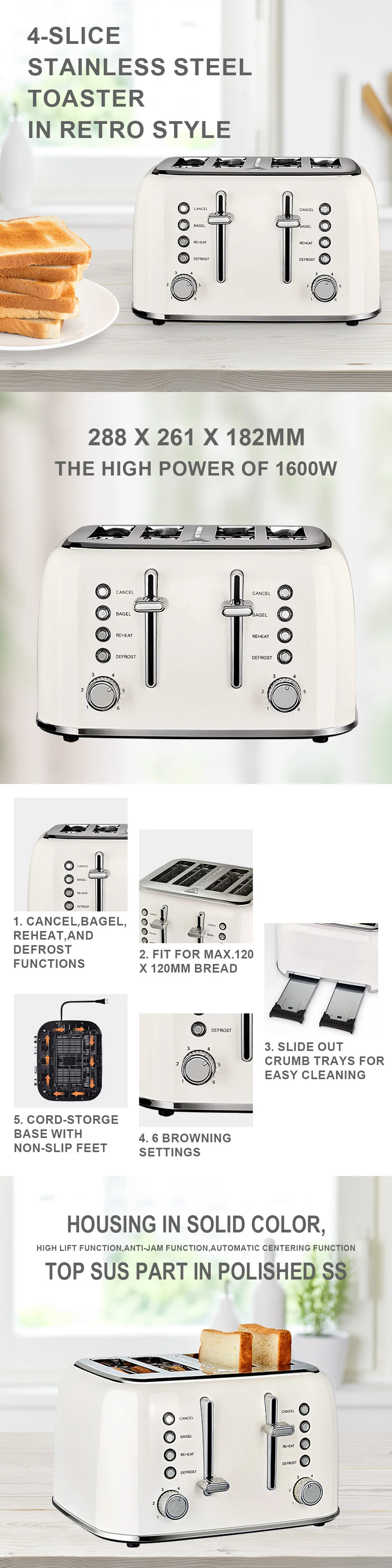 High Power Pop Up Toaster 4 Slice With Anti-jam Function In Retro Style ...
