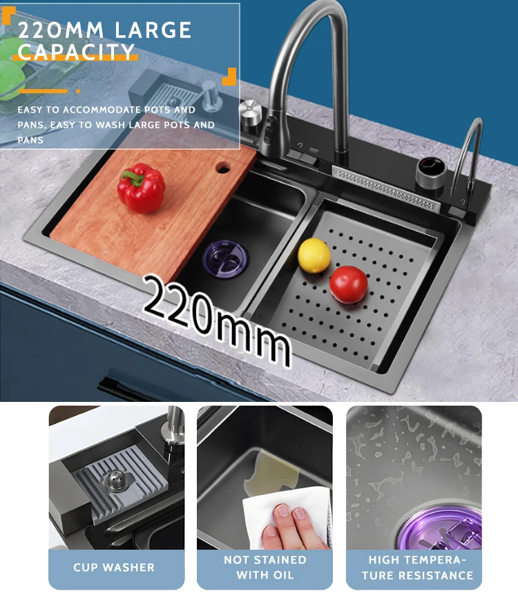 Chinese Modern Handmade Waterfall Sink Single Bowl Stainless Steel ...