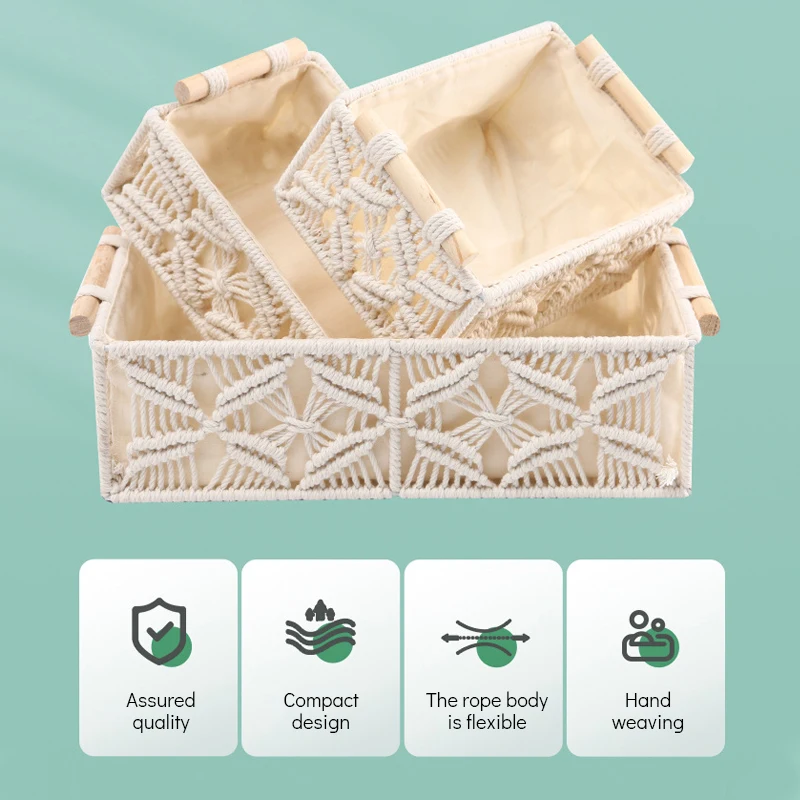 Handmade Woven Decor Macrame Storage Baskets Box Organizer With Wood ...