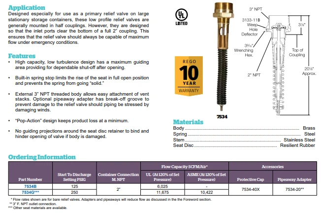 REGO 7534G Low Profile Gas Pressure Relief Valve DN50, 250PSI Pneumatic ...