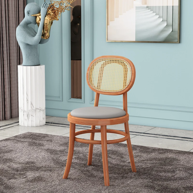 Nordic Solid Wood Round Back Rattan Woven Dining Chair Household Simple ...