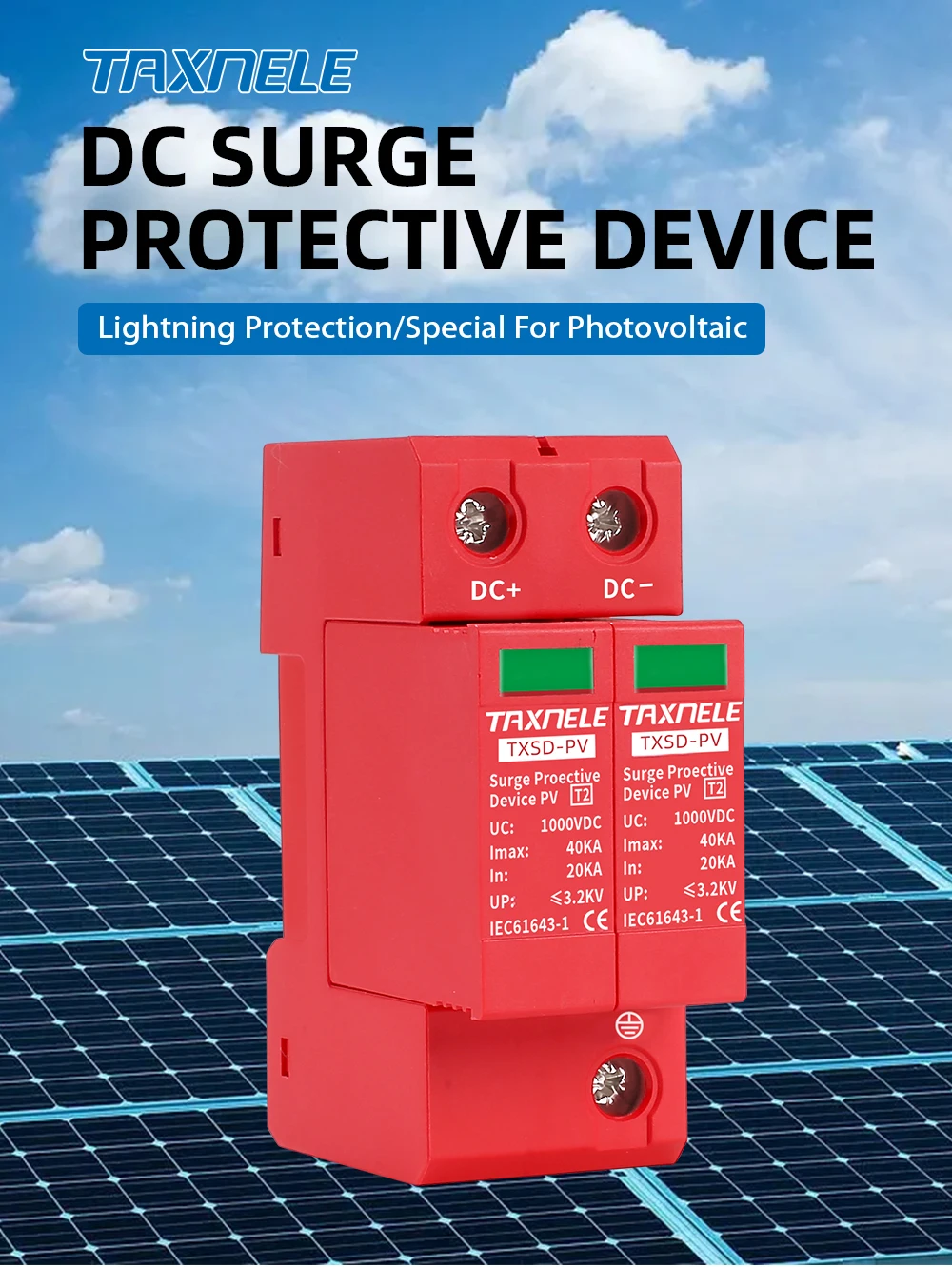 DC SPD Surge Protective Device 2P 40KA 60KA 600V 800V 1000V