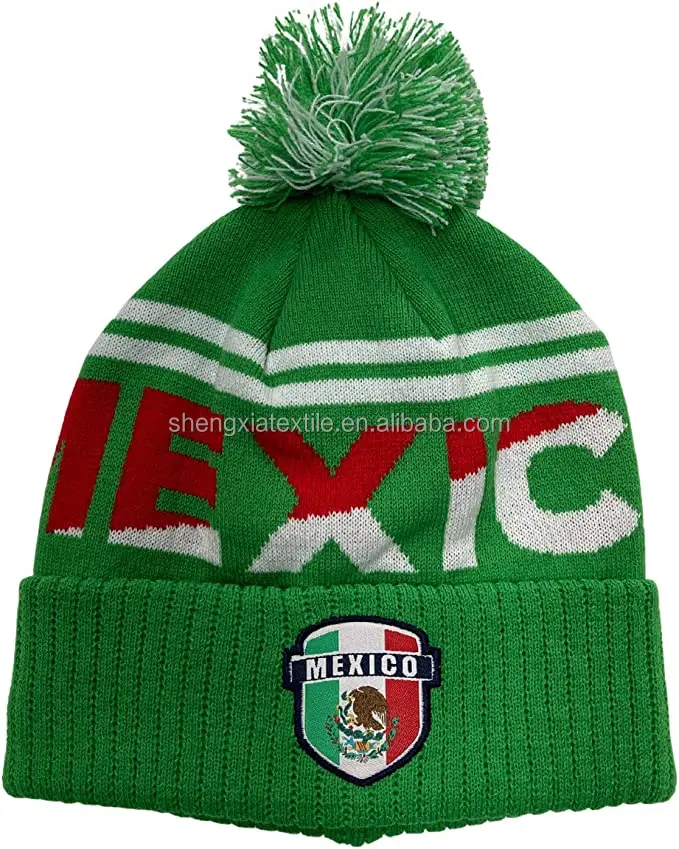 Men's Mexico Flag Jacquard Knit Beanie Winter Pompom 3d Embroidery Logo ...