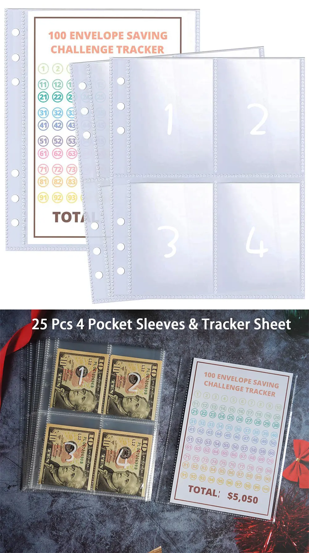 25 Pcs 4 Pocket 100 Envelopes Money Saving Challenge Sleeves and ...