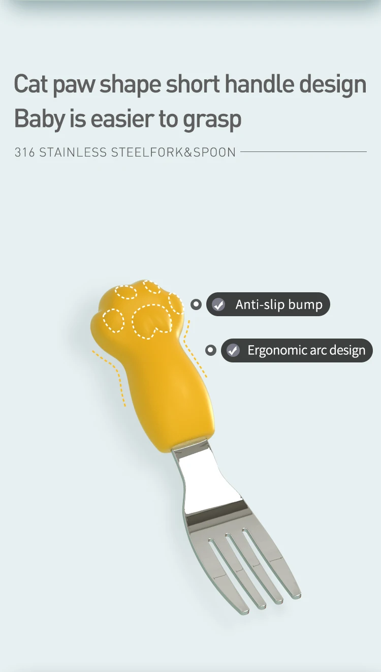 Anti Slip Silicone Stainless Steel Short Cats Claw Fork Spoon Set With ...