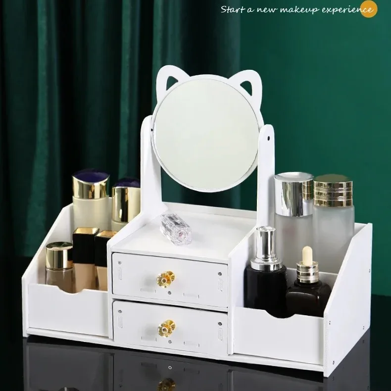 Luxury White Round Mirror Nordic Cosmetic Storage Box Makeup Organizer ...