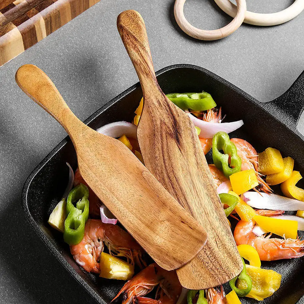 Teak Wood Slotted Spurtle Spatulas Spoons Set For Nonstick Cookware ...