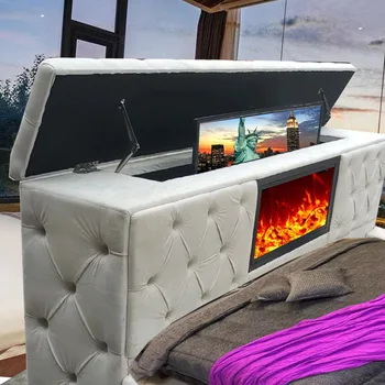 Modern Velvet Fabric Smart Bedroom Set Queen Bed With Tv Footboard ...