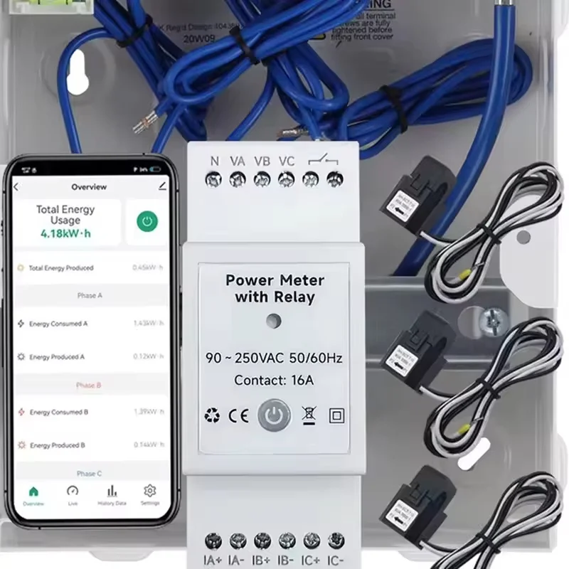 WiFi 3 Phase Smart Meter with 3 CTs Clamp Current Measurement Solar PV ...