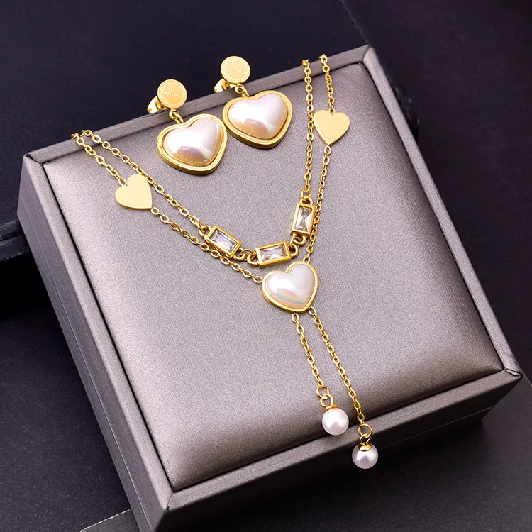 Stainless Steel Jewelry Set Women 18k Gold Layered Pearl Shell ...